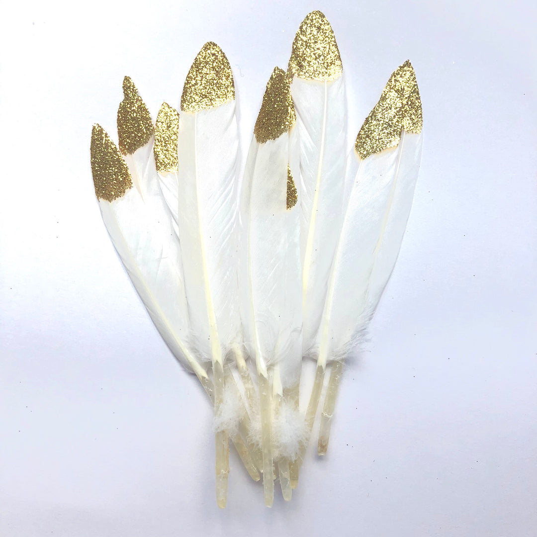 Tiny Goose Pointer Feather White Gold Glitter Tipped x 10 pcs - Style ...